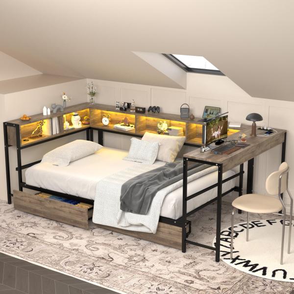 商品名:  HMYFGD Twin Corner Bed with Desk and Storage Bookcase, Daybed with 2 Drawers, Twin Size Metal Platform Bed Frame w...