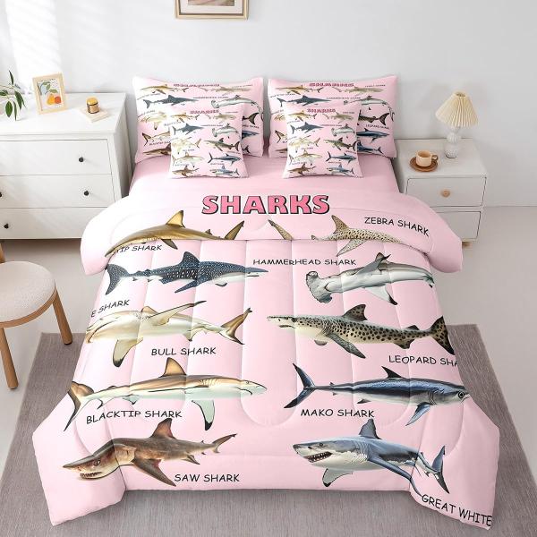 商品名: Erosebridal ガールズ サメ寝具セット クイーン、サメの動物 掛け布団セット 7点、ワイルドシーライフ ベッドインバッグ モダン シンプル ピンク シーツセット 掛け布団付き 夏の装飾、釣りと狩猟をテーマにした枕カバー ...