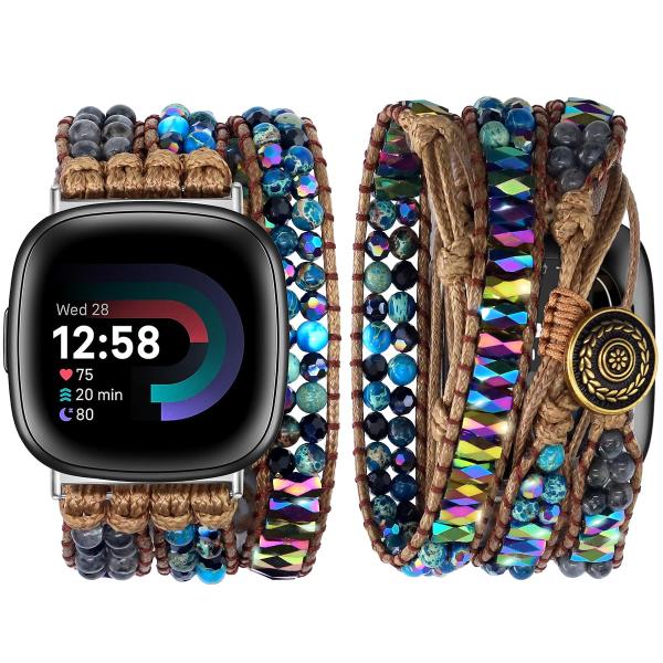 商品名: JR.DM Boho ビーズバンド レディース Fitbit Versa 4/Versa 3/Sense 2/Sense Emperor Stone ブルーブレスレット 調節可能 ハンドメイド 編組ロープ ウォッチストラップ スマ...
