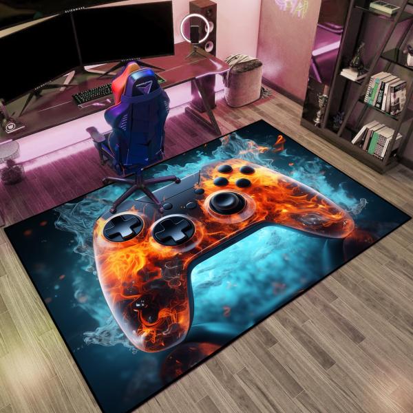 商品名: ゲームエリアラグ ティーン ボーイズ カーペット、炎と炎のゲームパッド ゲームコントローラーデザイン ゲームルーム、ゲームルーム、男の子、女の子、寝室、プレイルーム、リビングルーム(79インチx59インチ - 200x150cm)...