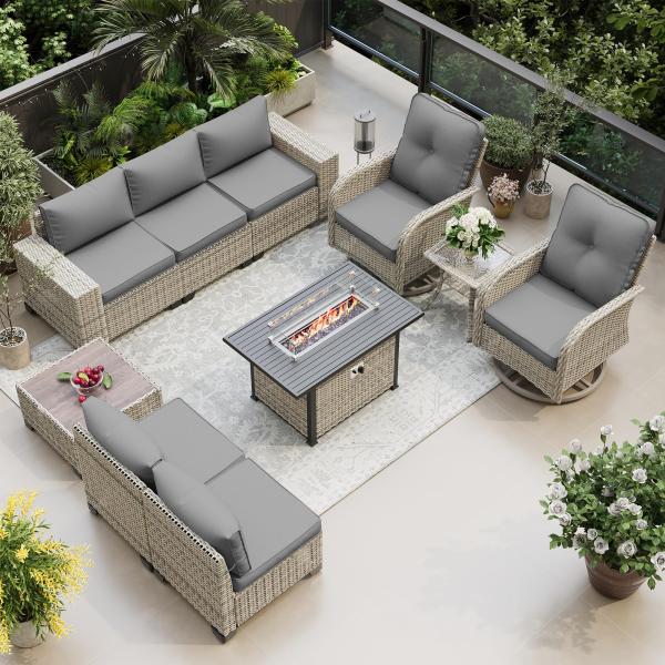 商品名:  Muphyers 10-Piece Outdoor Patio Furniture Set with Rocking Swivel Chair, PE Wicker Rattan Sectional Sofa Patio Con...