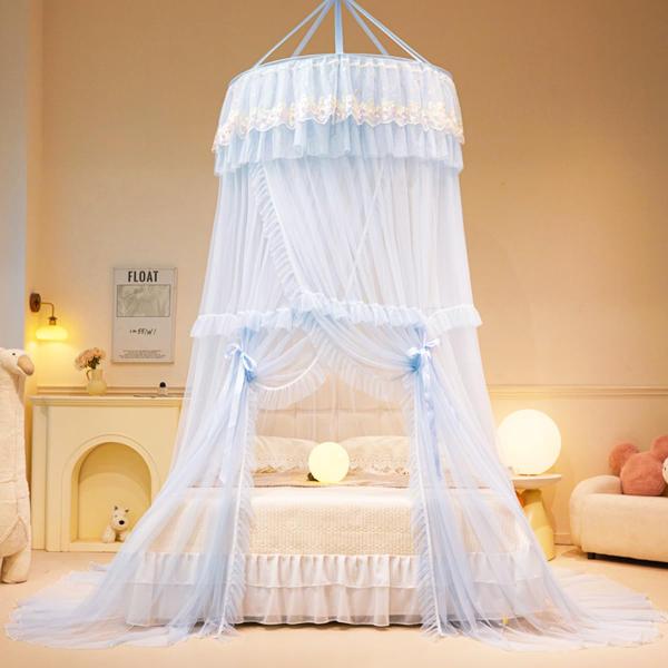 商品名: Akiky 女の子用ベッドキャノピー フリルプリンセスキャノピー ベッドカーテン ラウンドドーム 居心地の良いドレープネット 刺繍レースシアーメッシュ 女の子&amp;大人用 寝室の装飾(ブルー) Akiky Bed Canopy...