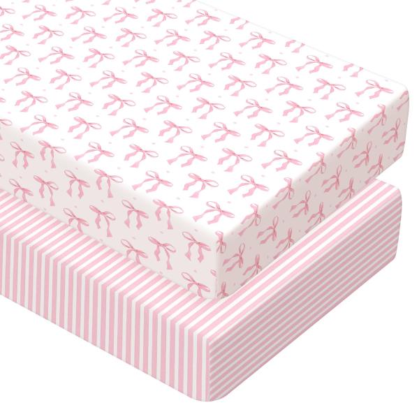 商品名: Peryiter 2パック ピンク リボン ベビーベッドシーツ 女の子用 コケットベッドシーツセット 52インチ x 71.1cm 標準ベビーベッドマットレス用 伸縮性 ソフト 幼児 美的 保育園装飾 Peryiter 2 Pac...