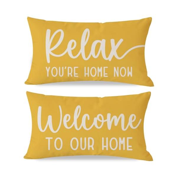 商品名: PANDICORN 装飾用クッションカバー 12x20インチ 2枚セット イエロー リラックス Welcome to Our Home アウトドア ファームハウス 春夏 腰用クッションケース リビングルーム ソファ カウチ ポーチ...