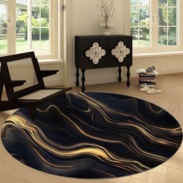 商品名:  Round Rug 4' x 4' for Living Room, Abstract Black and Gold Marble Soft Circle Area Rug, Fluid Waves Low-Pile Class...