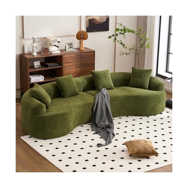 商品名: JURMALYN 110インチ セクショナルソファ ラウンドカーブカウチ、木目シェニール生地のモダンな4人掛けソファ 快適なディープシートスポンジソファ リビングルーム用枕4個付き グリーン JURMALYN 110" Secti...