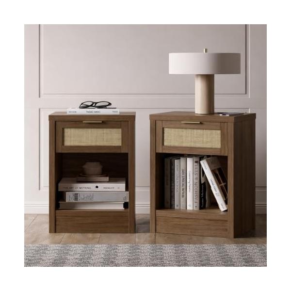 商品名: Walsham ナイトスタンドセット2、充電ステーション付きラタンナイトスタンド、引き出し付きモダンなエンドテーブル、ベッドサイドテーブル2個セット、寝室、リビングルーム、ソファ、カウチ、オフィス用(特別なウォールナット) Wal...