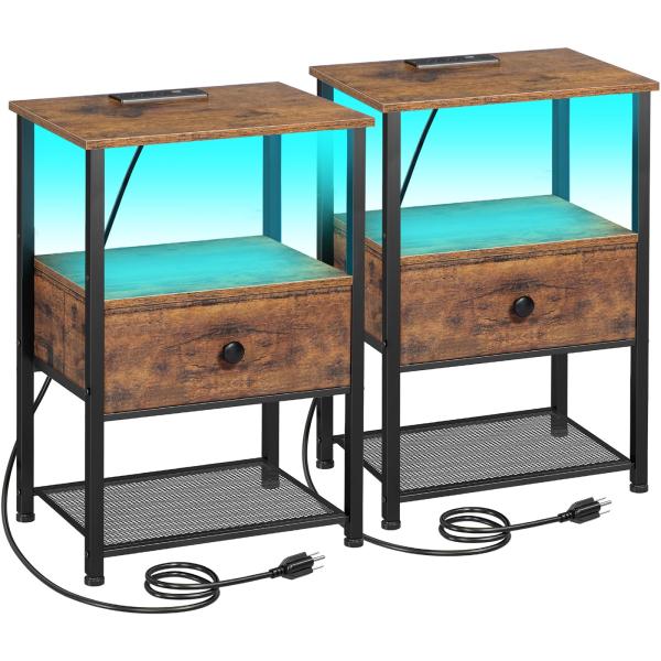 商品名: LOAKEEL(ロケール) - 充電ステーション付きのLEDベッドサイドテーブル2点セット、リビングルーム用サイドテーブル、小さなスペース用の布製引き出し付き、収納棚付きエンドテーブル。 LOAKEKEL Night Stand ...