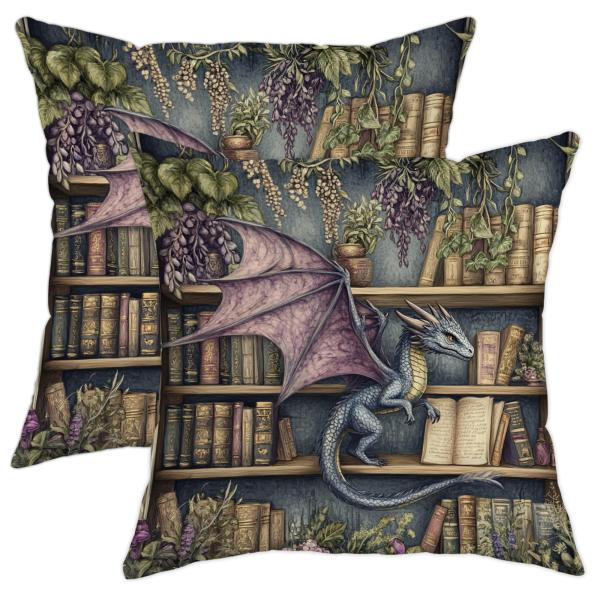 商品名:  Fantasy Dragon Pillow Covers Set of 2, Violet Mythical Creature Decorative Cushion Cases, Enchanted Forest Style H...