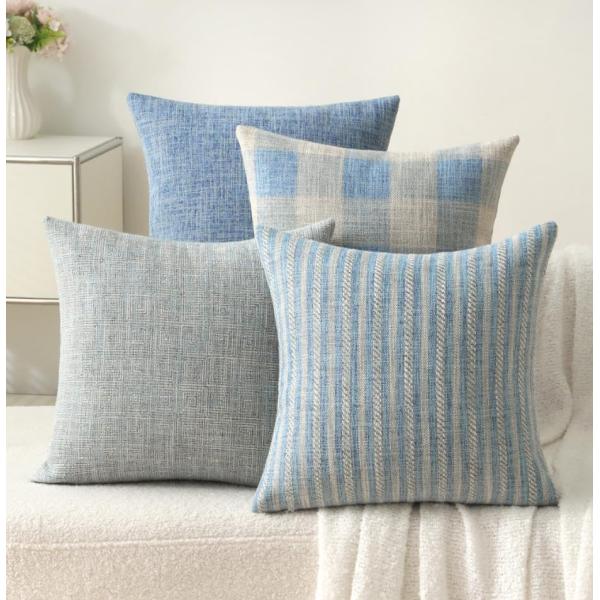 商品名: AMDAILY 装飾用クッションカバー 4枚セット 正方形 カウチピロー リネンクッションカバー ソファ/リビングルーム用 45.7cmx45.72cm ブルー Linen Check Decorative Pillow Cove...