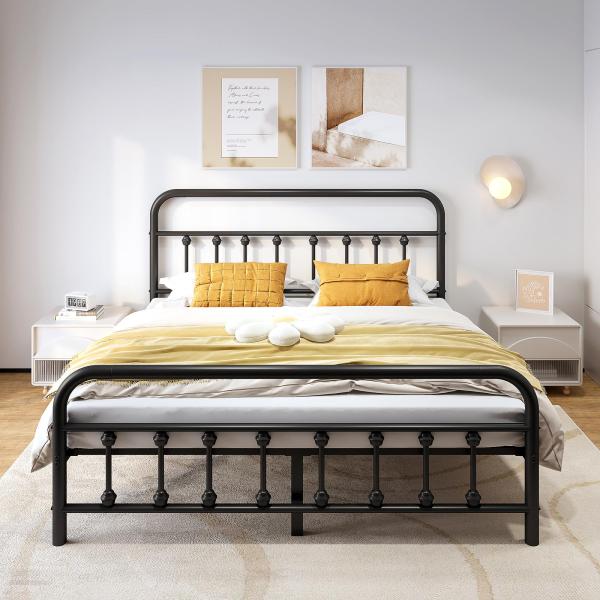 商品名: Vengarus メタルベッドフレーム、ヘッドボード付きフルサイズベッドフレーム、構造的に安定、頑丈なスチールスラットサポート、ベッド下収納、ボックススプリング不要、14インチ、ブラック Vengarus Metal Bed Fr...