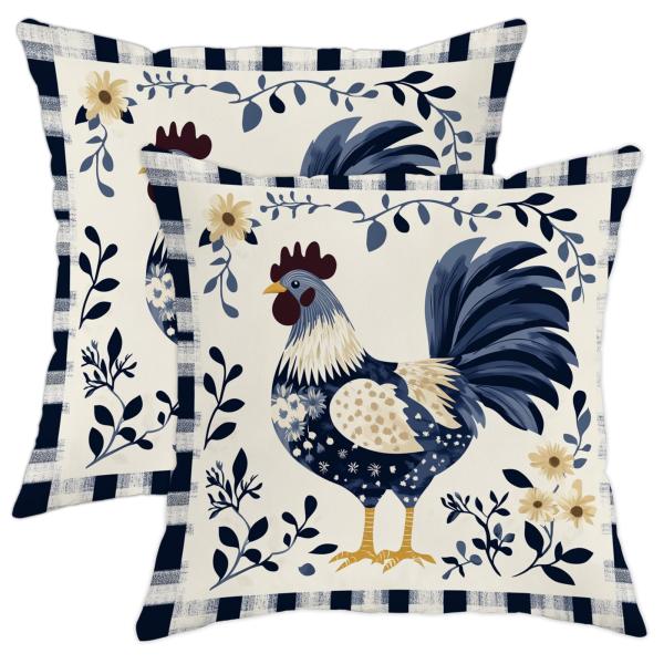 商品名:  Chicken Pillow Covers Set of 2, Navy Blue Rooster Floral Throw Pillows Cases, Rustic Seasonal Decorative Square Fa...