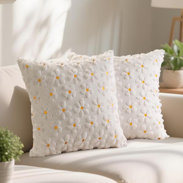 商品名: 装飾用クッションカバー 2枚パック フローラル リトルデイジー パターン ソフト プラッシュ ベルベット スクエア クッションケース 春夏ファームハウス ホームデコレーション リビングルーム カウチ ベッド ソファ用 Vzpeun...