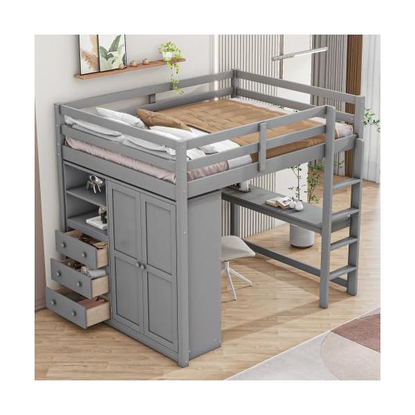 商品名:  Bellemave Full Size Loft Bed with Wardrobe and 3 Drawers, Wooden Kids Loft Bed with Desk and Shelves, Greyブランド: Be...