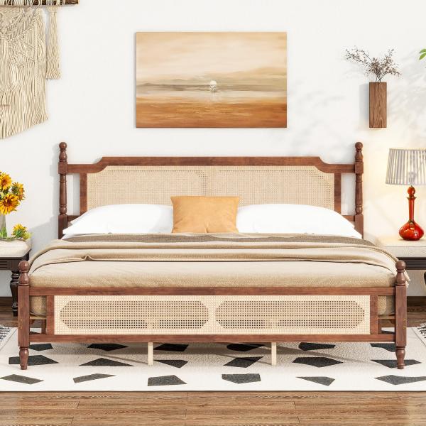 商品名:  SOFTSEA King Size Rattan Bed Frame, Mid-Century Modern Platform Bed with Boho Rattan Curved Headboard and Footboar...