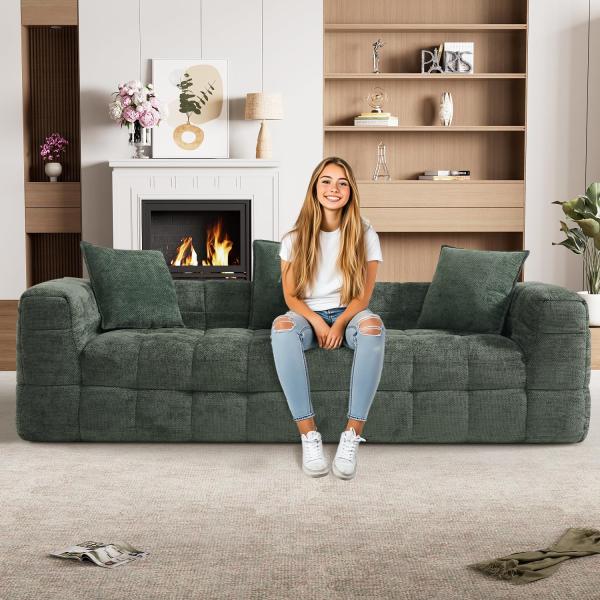 商品名: DAMAIFROM 90インチ クラウドソファ モダン 3人掛けソファ スローピロー3枚付き 快適なディープシートクラウドソファ タフテッドシェニール織布張り圧縮ソファ リビングルーム用 組み立て不要 オリーブグリーン DAMAI...