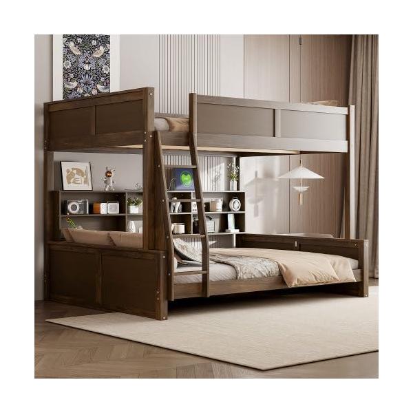 商品名:  Bellemave Wooden Bunk Bed with Storage Cabinets and USB, Full XL/Queen Kids Bunk Bed with Guardrails (Antique Wood...