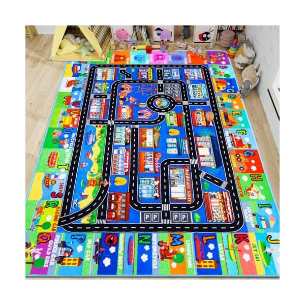 商品名: AKASISRUG 子供用ラグ おもちゃ 車 プレイルーム 78.7インチ×59インチ ABC 交通 動物 プレイマット 教育マット アルファベット エリアラグ 公共の建物 キッズ プレイタイムコレクション 幼児 学習カーペット ...