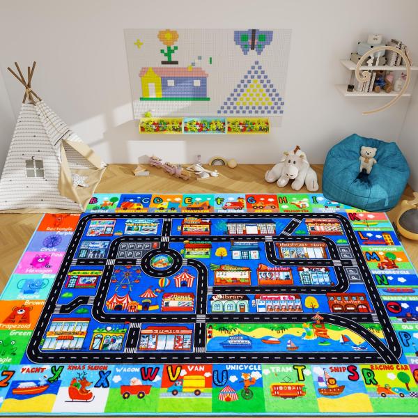 商品名: AKASISRUG 子供用ラグ おもちゃ 車 プレイルーム 110インチ × 78.7インチ ABC 交通 動物 プレイマット 教育マット アルファベット エリアラグ 公共の建物 キッズ プレイタイムコレクション 幼児 学習カーペ...