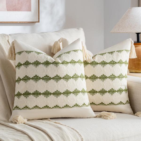 商品名: Fancy Homi Boho Moss Green 装飾スロークッションカバー 20x20インチ カウチ/ベッド/ソファ用 美しいモダン ファームハウス ホームデコ ソフトコットン かわいいアクセント マクラメ織クッションケース...