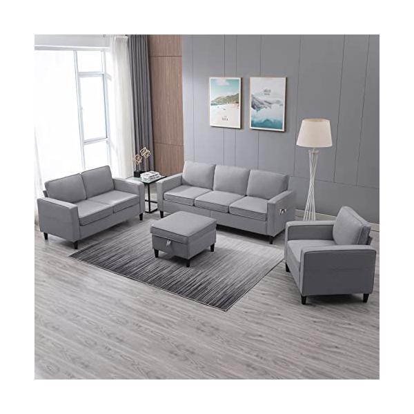 商品名:  ZAFLY 3 Pieces Living Room Couch Set, 3-Seat Sofa and Loveseat &amp; Chair Set with Storage Ottoman &amp; Pockets ...