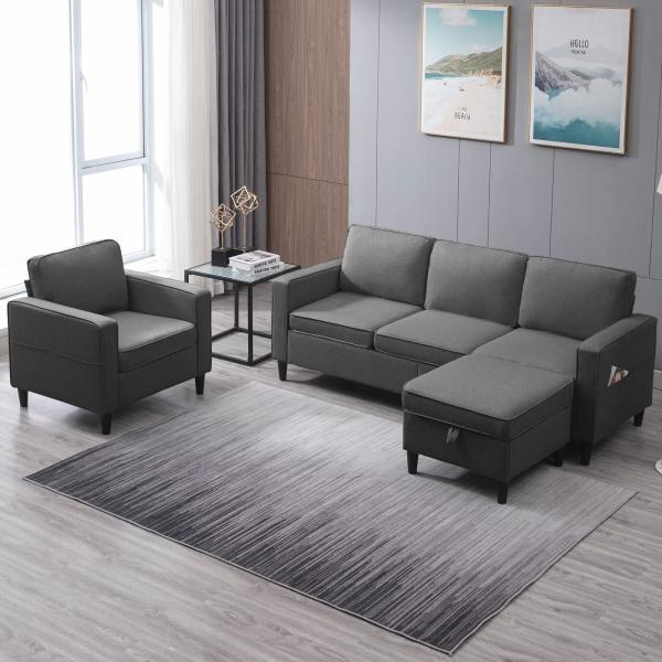 商品名:  ZAFLY 3 Pieces Living Room Couch Set, 3-Seat Sofa and Chair Set with Storage Ottoman &amp; Pockets &amp; Armchair,...