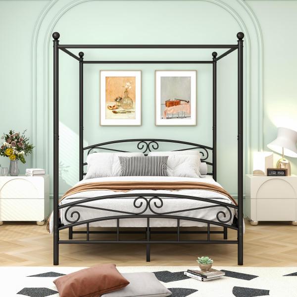 商品名:  MaiDeHaoo Black Metal Canopy Bed Frame Queen Size Metal Platform Bed with Sturdy Slatted Structure, 4-Poster Canop...