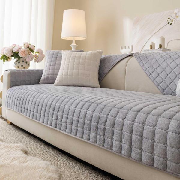 商品名: Aucrovee ベルベット 洗濯可能 カウチカバー ペット用 犬用 滑り止めセクショナルソファカバー 3クッションソファ用 L シャープソファアームスリップカバー、家具プロテクターカバー(28インチx28インチ ライトグレー1枚...