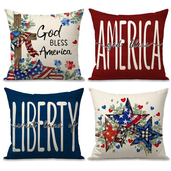 商品名: OPULANE 7月4日 独立記念日 枕カバー 18x18インチ God Bless America Stars ユーカリの花 クロス アメリカ国旗 愛国 メモリアルデー スローピローケース ソファ カウチ デコレーション用 4枚...