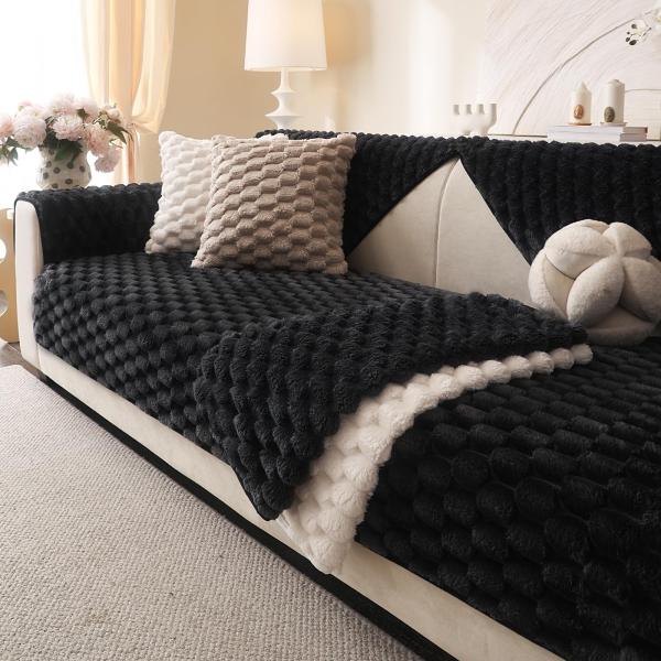 商品名: Aucrovee ソフトプラッシュフェイクファーカウチカバー、ふわふわノンスリップセクショナルソファカバー 3クッションカウチ、家具プロテクターソファスリップカバー(1個 36インチx63インチ ブラック) Aucrovee So...