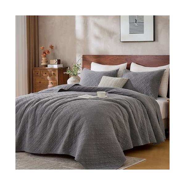商品名:  Queen Quilt Set with Shams Lightweight Quilted Bedspread Coverlet Thin Comforter Bed Cover Vintage Washed Quilted ...