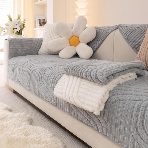 商品名: Aucrovee ソリッドソフトカウチカバー 洗濯可能 ノンスリップフラシ天 セクションソファカバー 3クッションカウチソファ用 L シャープソファスリップカバー、ペット用家具プロテクター(28インチx28インチ ライトグレー1枚...