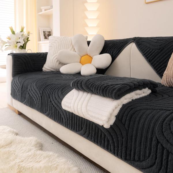 商品名: Aucrovee ソリッドソフトカウチカバー 洗濯可能 ノンスリップフラシ天 セクションソファカバー 3クッションカウチソファ用 L シャープソファスリップカバー、ペット用家具プロテクター(28インチx28インチ ダークグレー1枚...