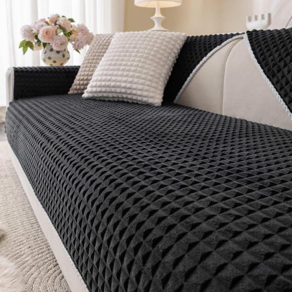 商品名: Aucrovee ソフトプラッシュ格子柄カウチカバー 洗濯可能 ノンスリップフリース セクショナルソファカバー 3クッションソファ用 L シャープソファスリップカバー ペット用 家具プロテクター(1個 36インチx36インチ ブラ...