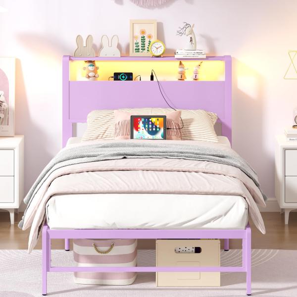 商品名:  Weehom Twin Bed Frames with 2 Tiers Wood Storage Shelves Headboard, Twin Size Bed with Charger Stations and LED Li...