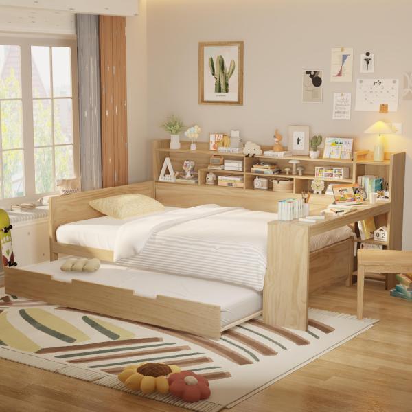 商品名:  Full Size Corner Bed Frames, Full Size Daybed with Trundle,Side Bookcase and Desk, Wooden Daybed,Multi-Functional ...