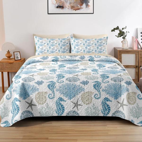 商品名:  Pamnest Quilt Set Twin Size, Sea Shell Coral Seahorse 2 Pcs Soft Bed Cover Bedding Set for Kids and Adults, Starfi...