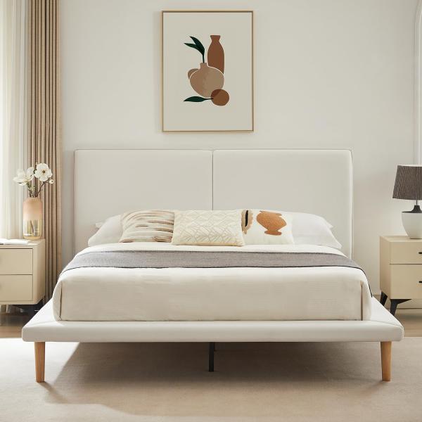 商品名: VELOCAVA ベッド クイーンサイズ 布張り ベッド下収納 ミニマリスト 北欧デザイン ヘッドボード付き ロープロファイルフレーム 頑丈なすのこ ボックススプリング不要 ベージュ VELOCAVA Queen Size Pla...