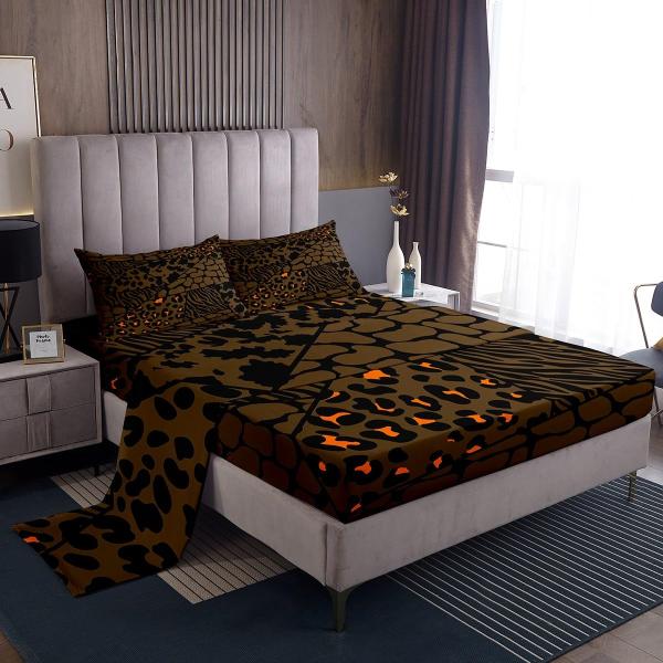 商品名:  Castle Fairy Leopard Print Bed Sheet Set King Size,Wildlife Cowhide Zebra Pattern Deep Pocket Fitted Sheet,1 Flat,...