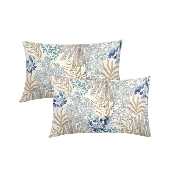 商品名: 航海沿岸サンゴ腰枕カバー 12x20インチ 2枚セット 夏 海 ビーチがテーマ 装飾枕カバー 屋外 リネン 正方形 クッションカバー ファームハウス ベッドルーム ホーム ソファ ソファベッド用 Nautical Coastal ...