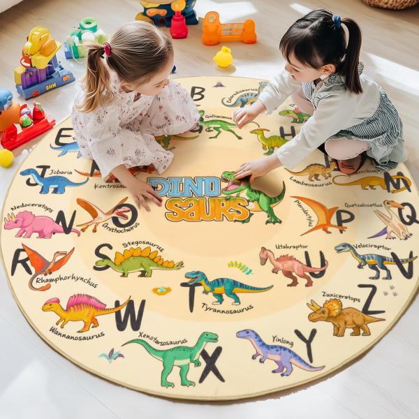 商品名: Bolacrom 子供用ラグ プレイルーム用 4フィートx4フィート ラウンド 教育ラグ ABCアルファベットを学ぶ ソフト 洗濯機洗い可能 滑り止め かわいい恐竜カーペット 教室用 幼児 保育園 子供部屋 装飾マット ベージュ ...