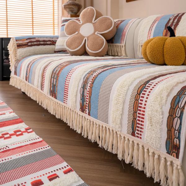 商品名: vctops ボーホー コットンリネン ソファカバー ハンドメイドタッセル付き 農家 素朴で厚い房付き Setcional カウチカバー 滑り止め ソフトソファ スリップカバー 洗える家具プロテクター (パターンD、71.1 cm...