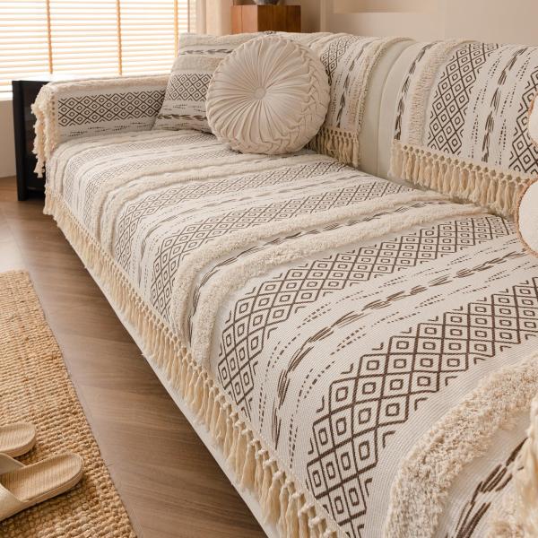 商品名: vctops ボーホー コットンリネン ソファカバー ハンドメイドタッセル付き 農家 素朴で厚い房付き Setcional カウチカバー 滑り止め ソフトソファースリップカバー 洗える家具プロテクター (パターンF、28インチx3...