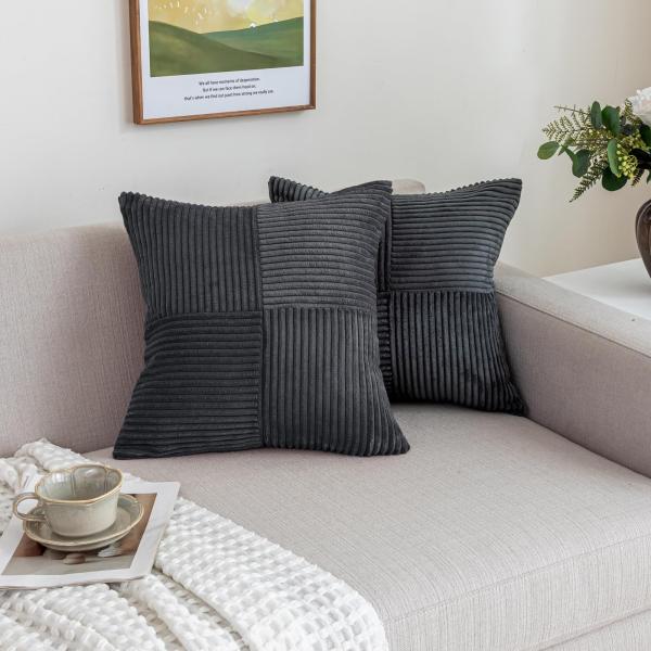 商品名: FONSHALE グレー コーデュロイ 枕カバー 2枚セット ボーホー 装飾 パッチワーク スロー クッションカバー 隠しファスナー付き ソファ リビングルーム カウチ ベッド用 (48x18インチ) FONSHALE Grey ...