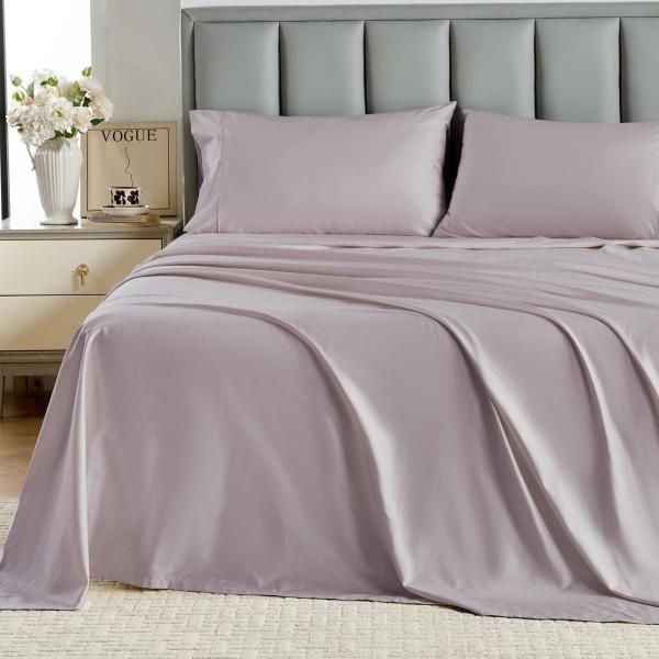 商品名: Simple&amp;Opulence エジプト綿100%シーツセット 400スレッドカウント 4ピースセット 刺繍デザイン 長繊維ピュアソフトサテン織りベッドシーツ - グレーラベンダー、キングサイズ Simple&amp;Op...