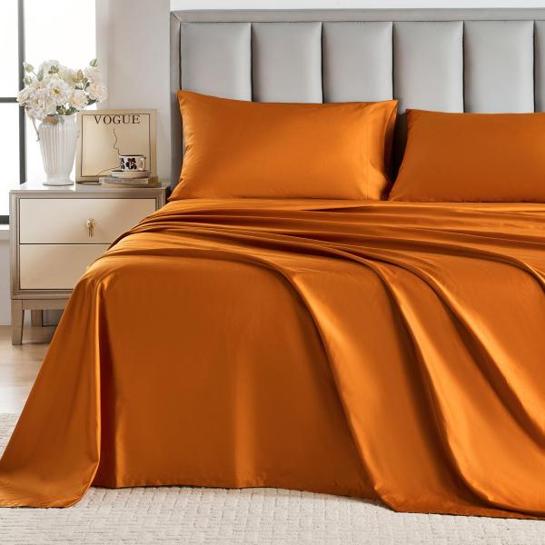 商品名: Simple&amp;Opulence エジプト綿100%シーツセット 400スレッドカウント 4ピースセット 刺繍デザイン 長繊維ピュアソフトサテン織りベッドシーツ - オレンジ、クイーンサイズ Simple&amp;Opule...