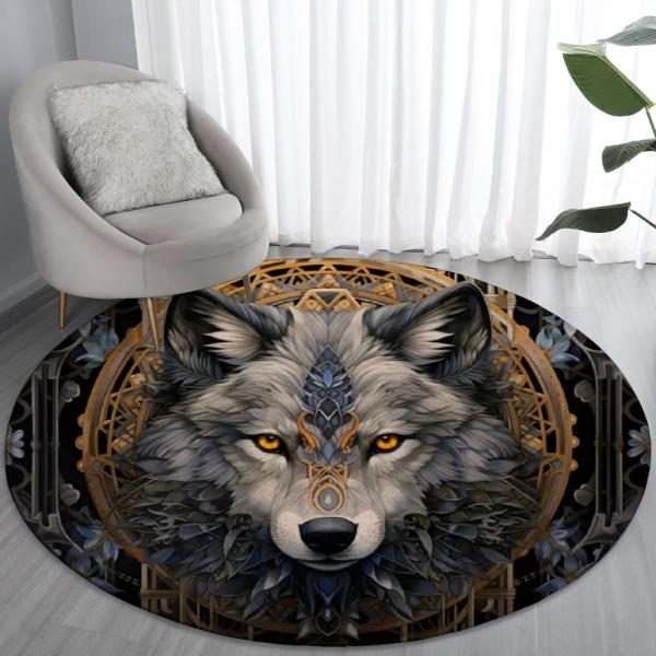 商品名:  Cool Wolf Round Rug 7 ft - Washable &amp; Non-Slip Soft Abstract Modern Wolves Circle Rugs for Bedroom, Mysterious...