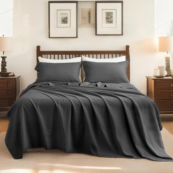 商品名:  QKTE Flax Linen Cotton Sheet Set Queen Size, 4PCS Natural Linen Blend Bed Sheet with 1 Flat Sheet, 1 Fitted Sheet ...