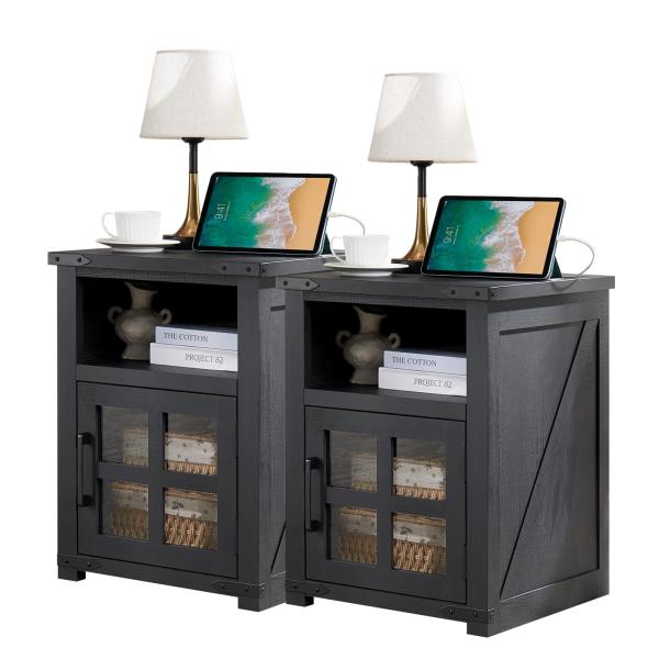 商品名:  Barnyatoh Farmhouse Nightstand with Charging Station, Rustic End Table with Tempered Glass Barn Door, Wood Sofa Si...