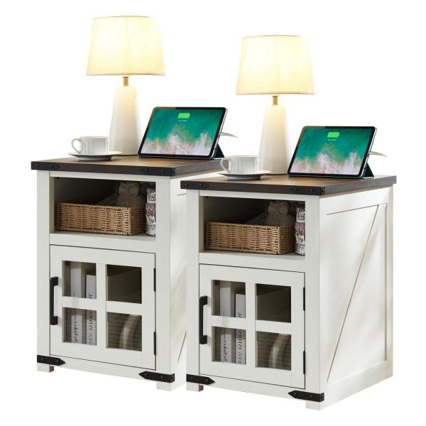 商品名: Barnyatoh ファームハウス ナイトスタンド 充電ステーション付き 素朴なエンドテーブル 強化ガラスの納屋の扉付き 木製ソファサイドベッドサイドテーブル オープン収納棚付き リビングルーム 寝室 ホワイト 2個パック Bar...